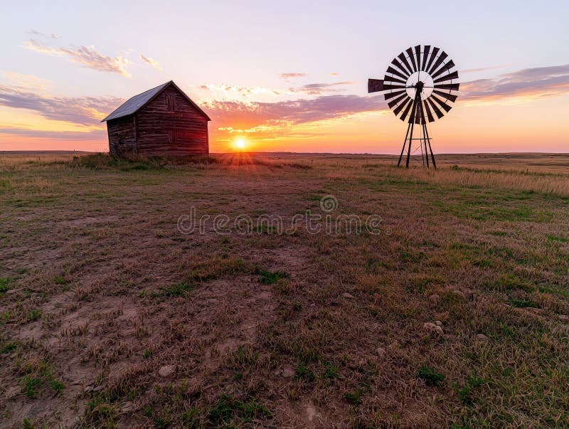 Rural Landscape with Old Barn and Windmill at Sunset. Stock ...