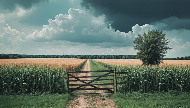 Rural Landscape with Open Gate and Dramatic Sky Over Cornfield Stock ...