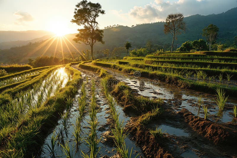 Rural Landscape with Rice Terraced Fields on Mountain Slopes Stock ...