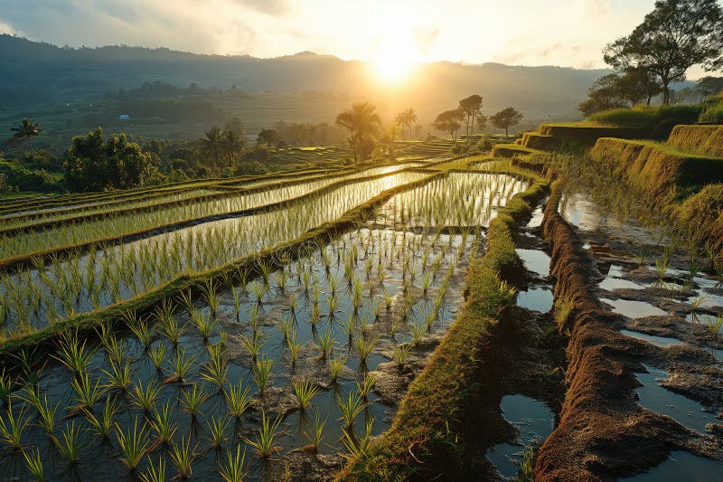 Rural Landscape with Rice Terraced Fields on Mountain Slopes Stock ...