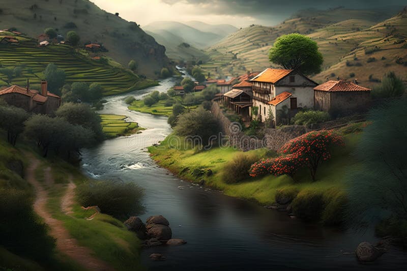 Rural Landscape with River and Village in the Mountains. 3d Render ...