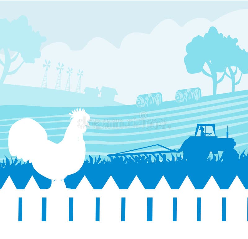 Rural Landscape with Roster and Tractor Stock Vector - Illustration of ...