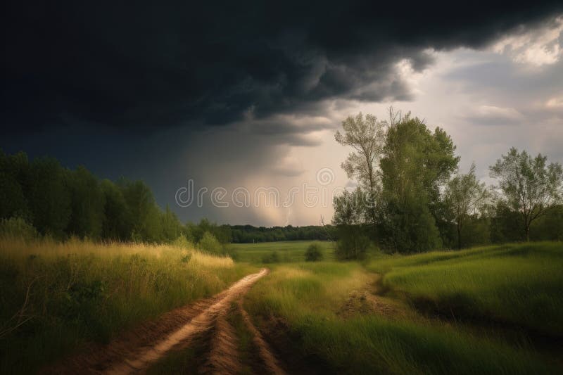Rural Landscape with a Stormy Sky, with Lightning Striking the Ground ...