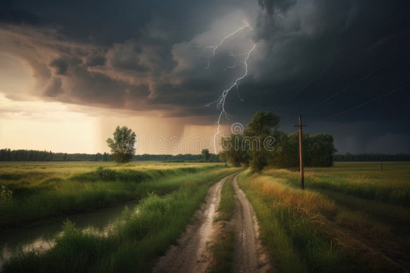 Rural Landscape with a Stormy Sky, with Lightning Striking the Ground ...