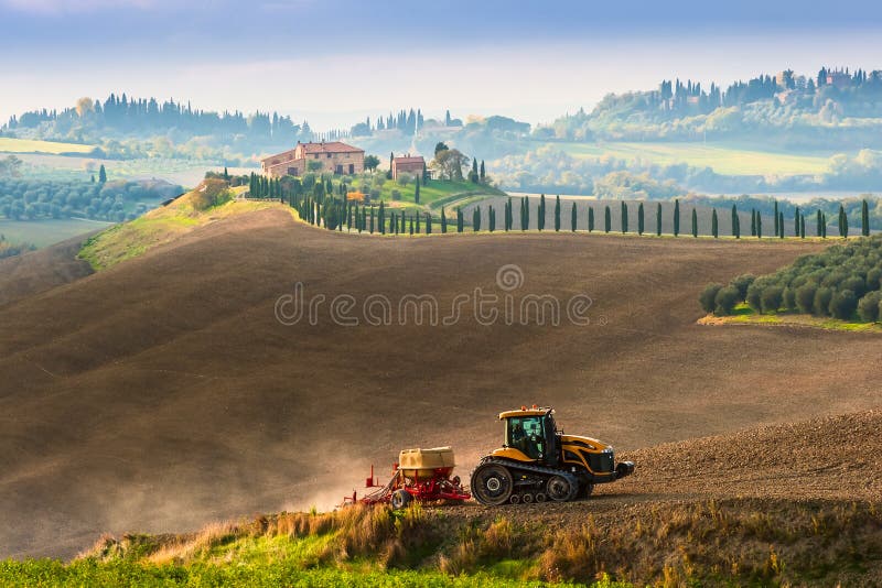Rural Landscape with Tractor Stock Photo - Image of pasture, ecology ...