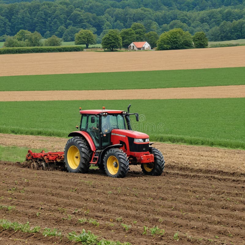 Rural Landscape Tractor in Vibrant Green Field Stock Illustration ...