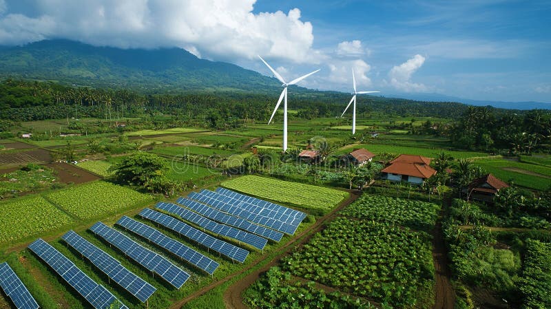 Rural Landscape with Wind Turbines, Solar Panels, and Mountain Backdrop ...