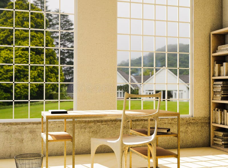 Rural Library Interior, Table and Shelf with Books with Countryside ...