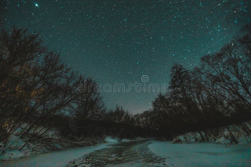 Rural Night Landscape with Stars Stock Photo - Image of outer, evening ...