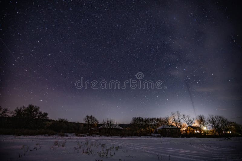 Rural Night Landscape with Stars Stock Image - Image of branch, sunset ...