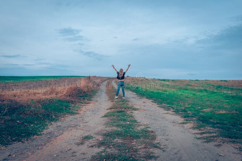 Rural Path between Agricultural Fields with Child Having Fun Stock ...