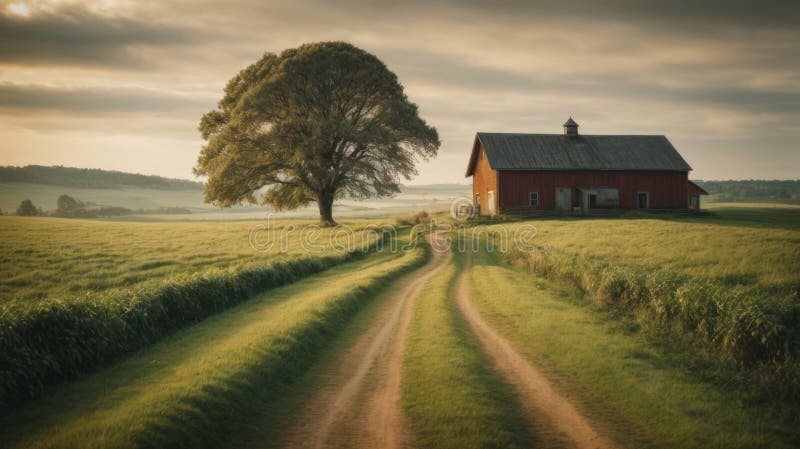 Rural Path and Tree on Farm. Stock Illustration - Illustration of farm ...