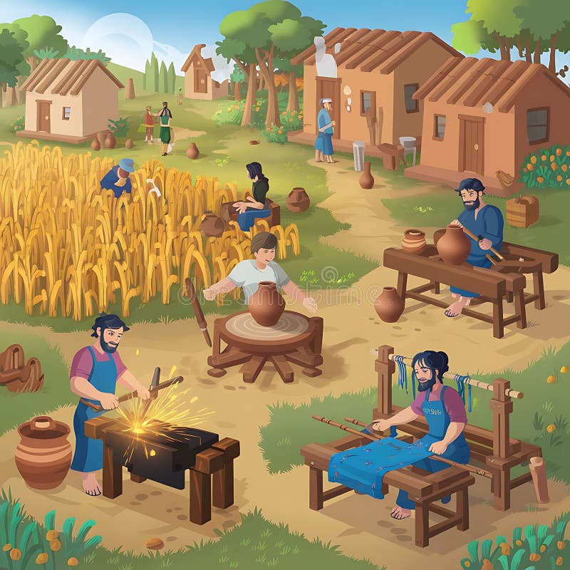 Rural People Work in Village Realistic Art Design Illustration Stock ...