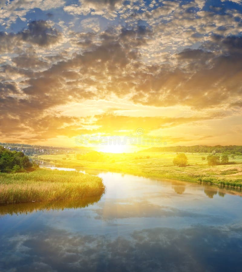 Rural river at the evening stock image. Image of field - 21012173
