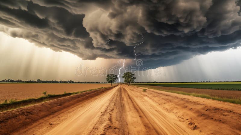 Rural Road to Lightning stock illustration. Illustration of energy ...