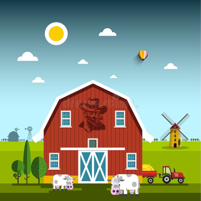 Rural Scene with Cowboy on Barn. Stock Vector - Illustration of house ...