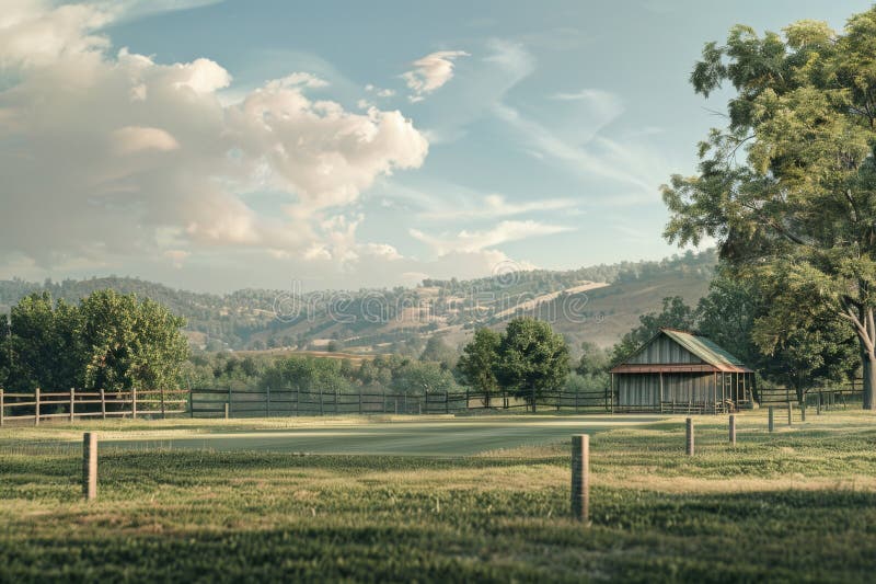 A Rural Scene with a House Visible in the Distance, Surrounded by a ...
