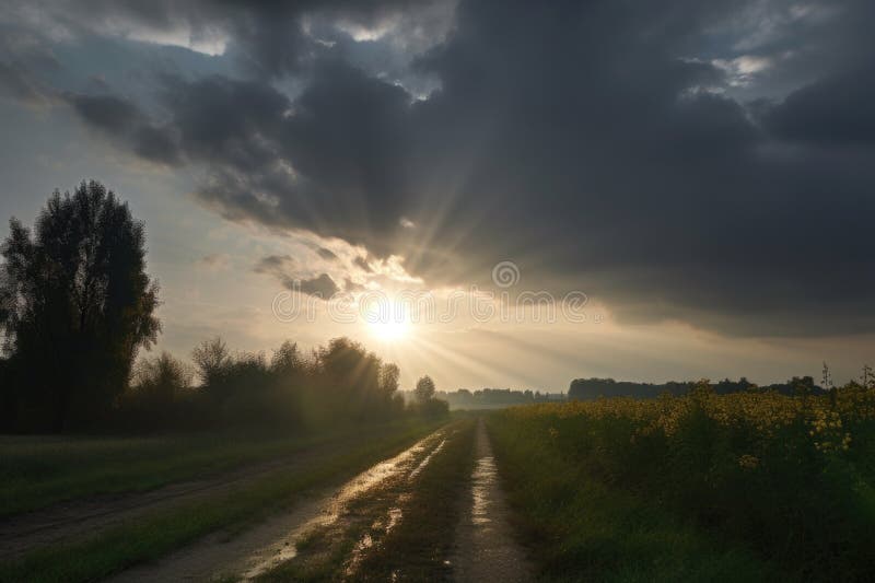 Rural Scene with Sun Peeking through the Clouds, Bringing Rays of Light ...
