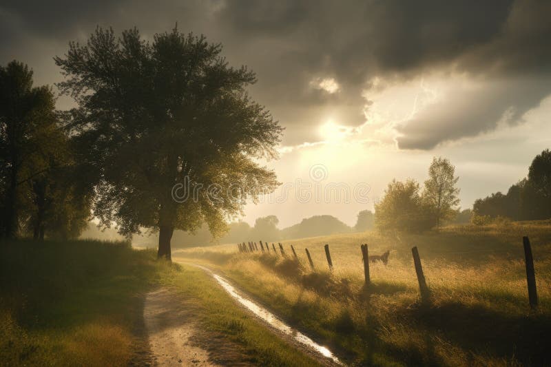 Rural Scene with Sun Peeking through the Clouds, Bringing Rays of Light ...