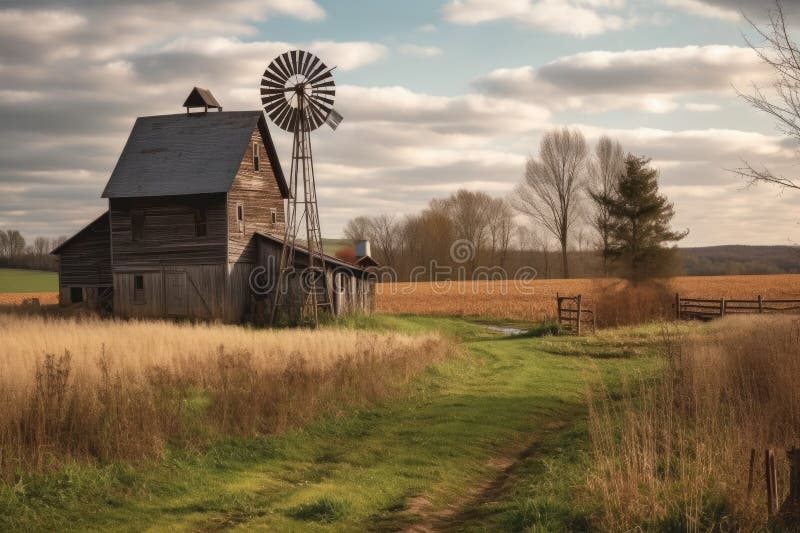 Rural Scene with Windmill and Barn. Generative AI Stock Illustration ...