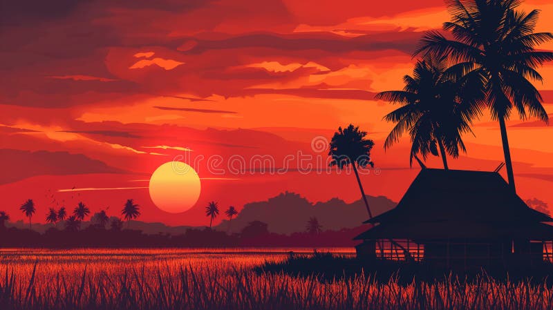 Rural Scenery of Southeast Asia on Sunset Time Stock Illustration ...