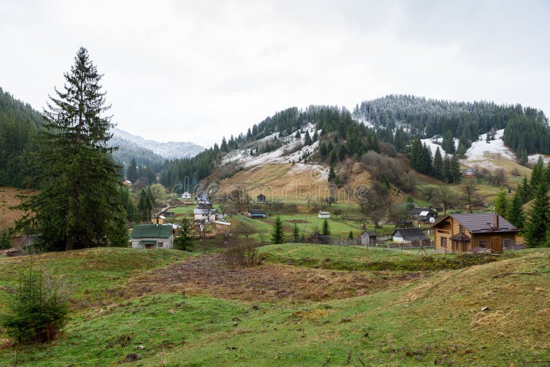 Rural Settlement with Small Houses High in the Mountains Stock Photo ...