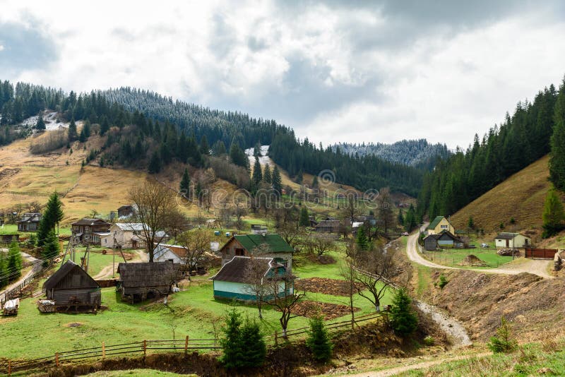 Rural Settlement with Small Houses High in the Mountains Stock Image ...