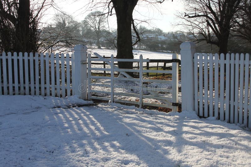 Rural Snowscape with Old Gate Stock Photo - Image of landscape ...