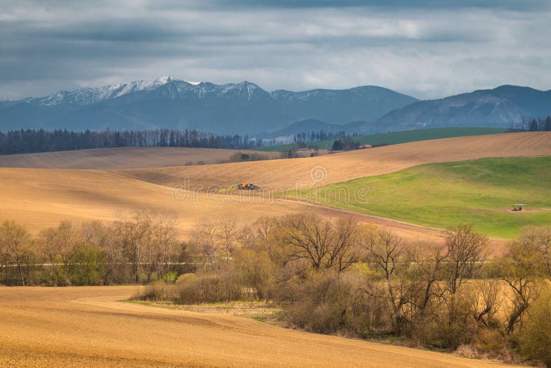 Rural Spring Landscape, Agricultural Fields with Mountains on Ba Stock ...