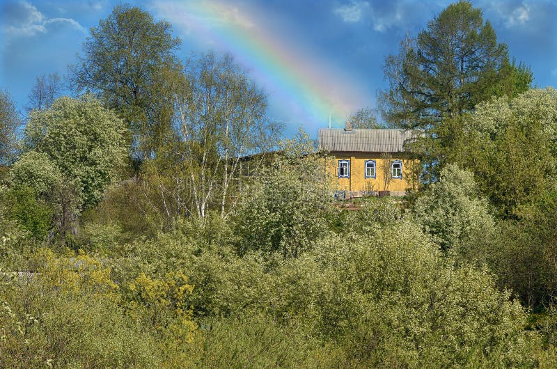 Rural Spring Landscape with Rainbow after a Storm. Stock Photo - Image ...