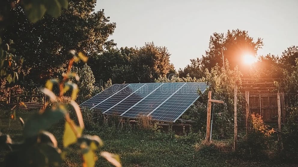Rural Sunset Solar Panel Energy System Stock Image - Image of garden ...