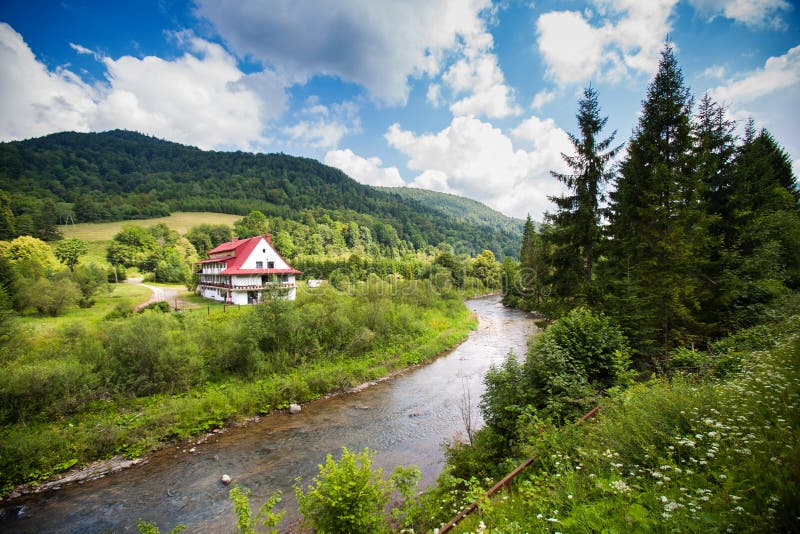 Rural View With River In Bieszczady Mountains, Poland Stock Photo ...