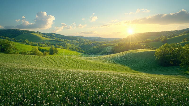 Rural View with Rolling Green Hills in Spring Stock Illustration ...