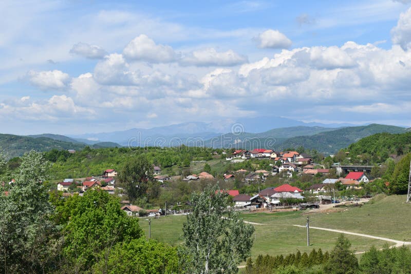 Rural Village Landscape with Mountains Stock Image - Image of green ...