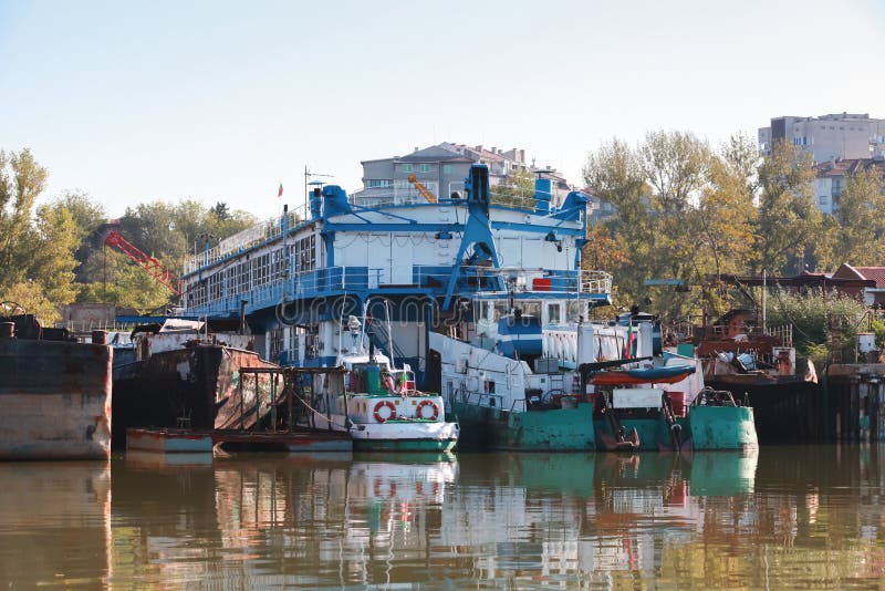 Ruse Port View with Old Moored Tugs and Ships Stock Photo - Image of ...