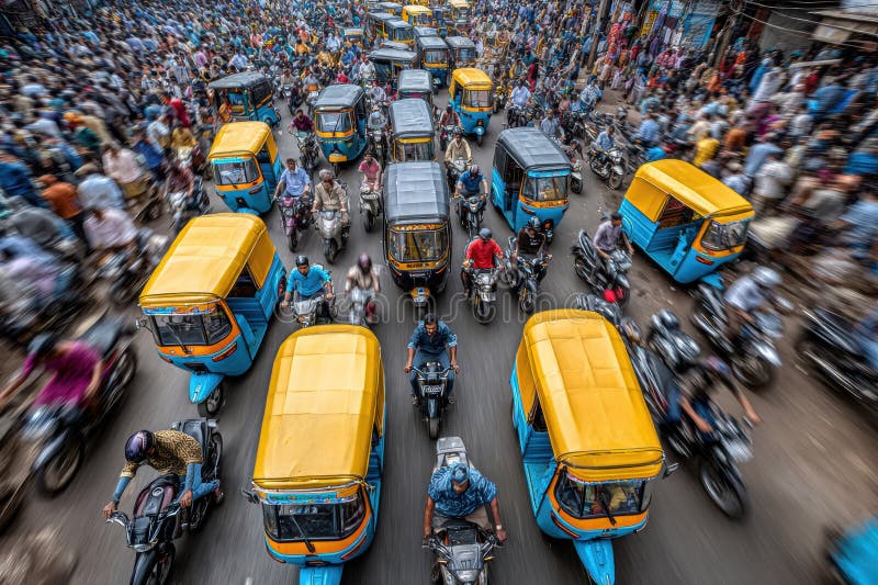 Busy Indian Traffic with Auto-rickshaws and Motorcycles Creating a ...