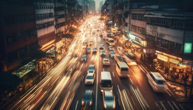 Rush Hour Traffic Blurs City Skyline in Long Exposure Shot Generated by ...