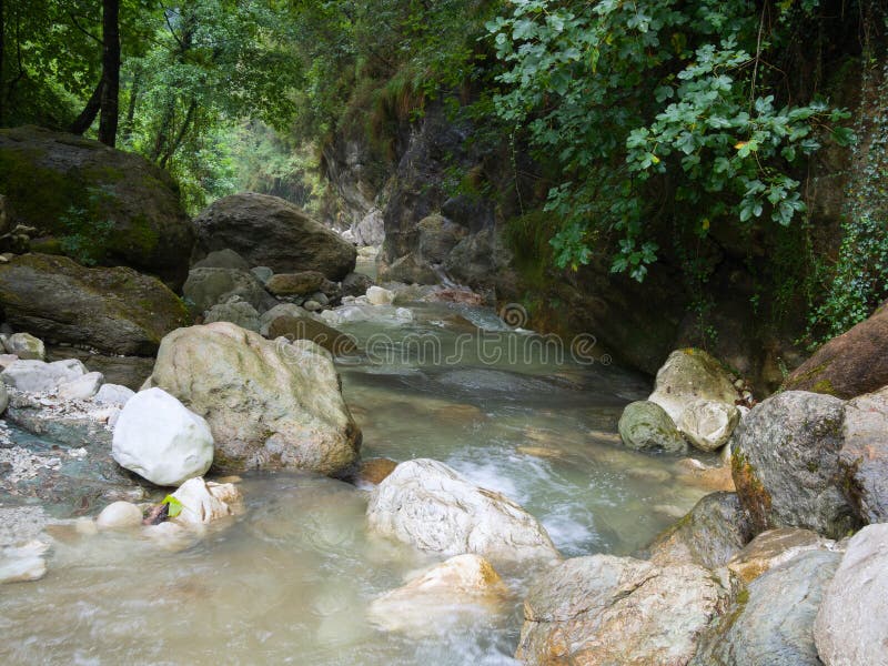 Rushing Creek Flows through a Canyon between Rocks of Different Stock ...