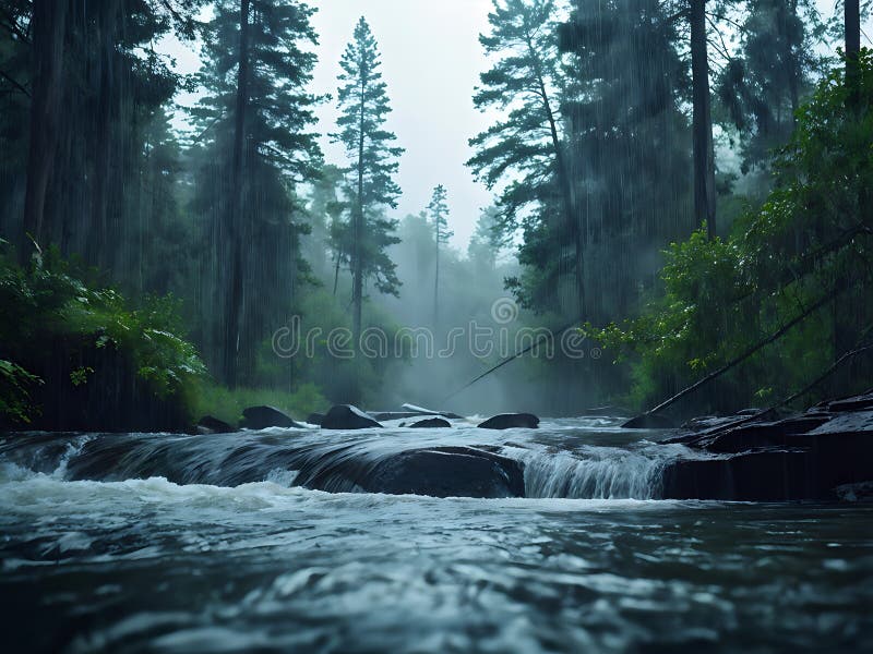 Rain-Soaked Forest River stock illustration. Illustration of mist ...
