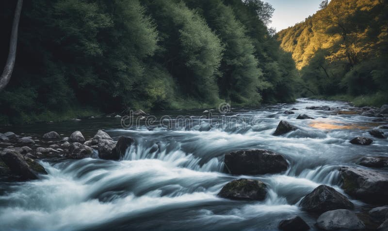 A Rushing River Flows through a Lush, Green Forest, Illuminated by the ...