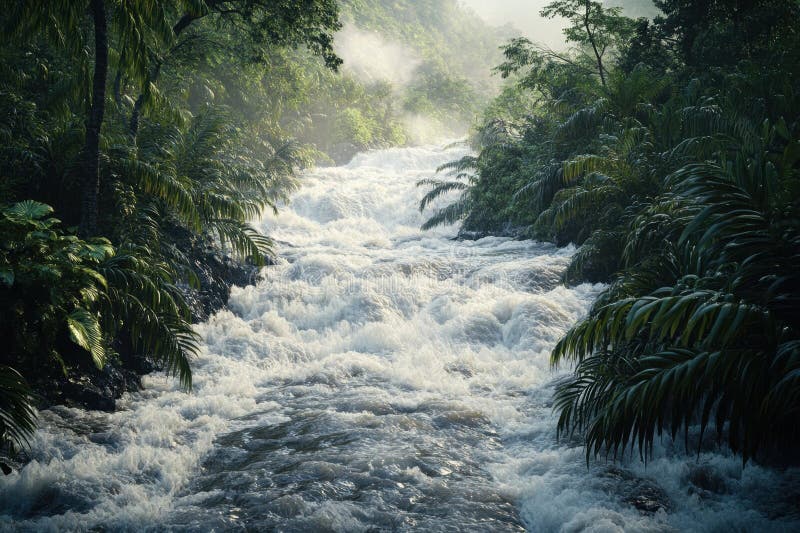 Rushing River Flows through Lush Tropical Rainforest Under Soft ...