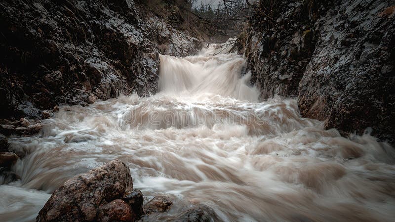 Rushing River Flows through Rocky Terrain Under Cloudy Skies Creating a ...