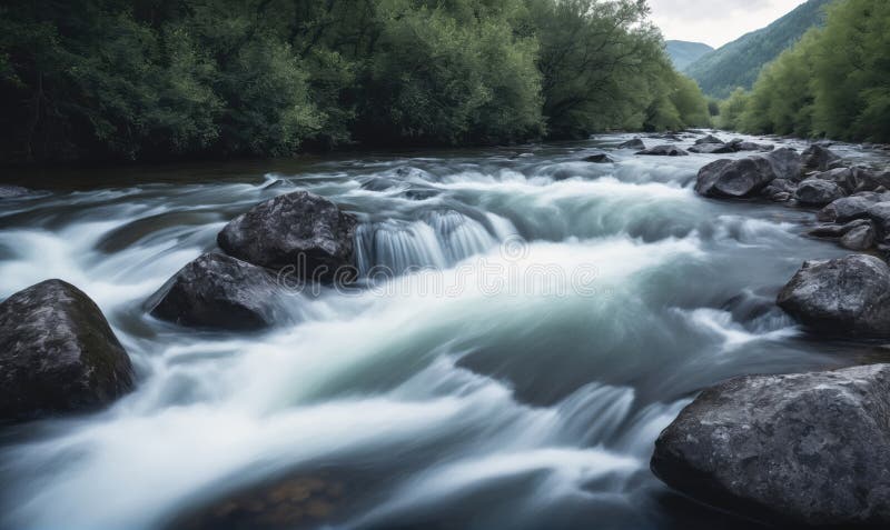 A Rushing River Flows through a Valley, Surrounded by Lush Green Trees ...