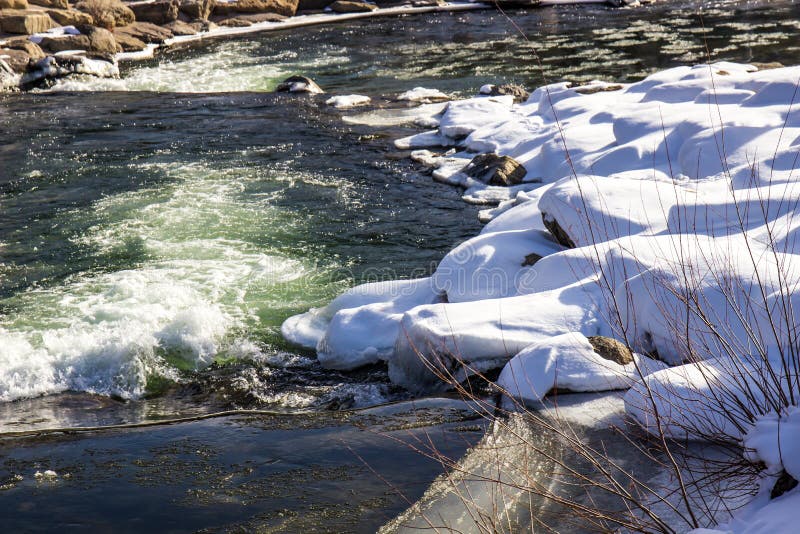 Rushing River in Winter with Snow Covered Shoreline Stock Image - Image ...