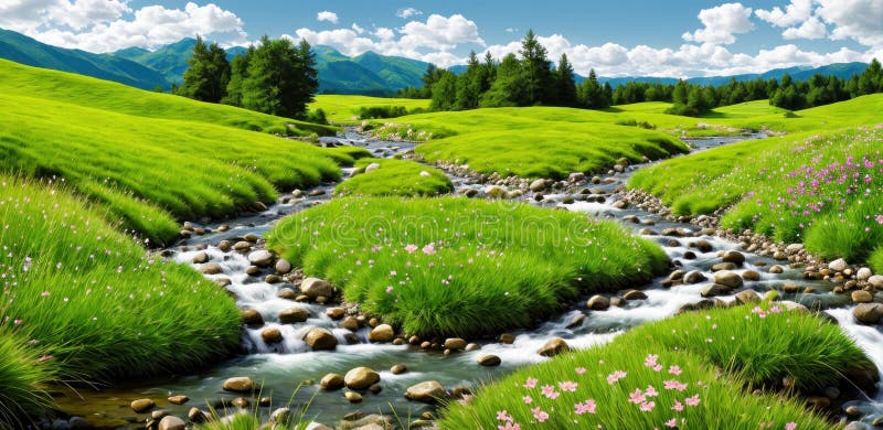 Rushing Stream Full of Rocks with Green Field with Grass and Flowers ...