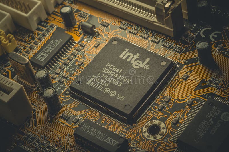 RUSSIA, BERDSK - 2021: Intel Computing Chip on an Old Motherboard. Old ...