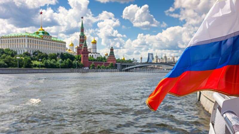 Russia Flag Hanging Against Kremlin Backdrop in Moscow Stock ...