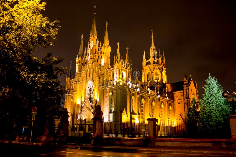 Russia. Gothic Cathedral at Night Lit by Lanterns Stock Image - Image ...