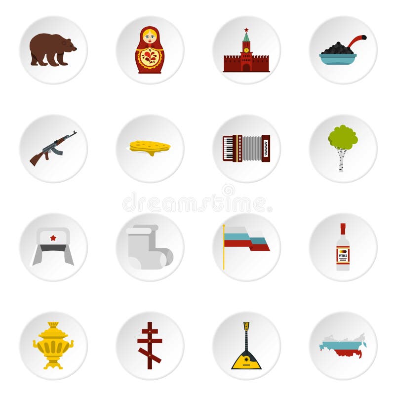 Russia Icons Set, Flat Style Stock Vector - Illustration of boot, glass ...