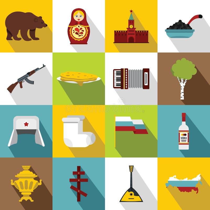 Russia Icons Set, Flat Style Stock Vector - Illustration of bears ...